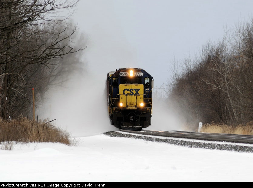 CSX 8535 kicks up the snow as it leads Eastbound CSX Q390 at CP97 on track number two.